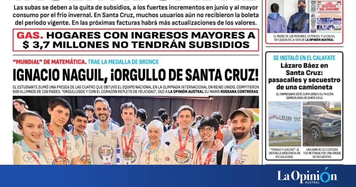 Diario La Opinión Austral tapa edición impresa del lunes 22 de julio de 2024, Río Gallegos ...