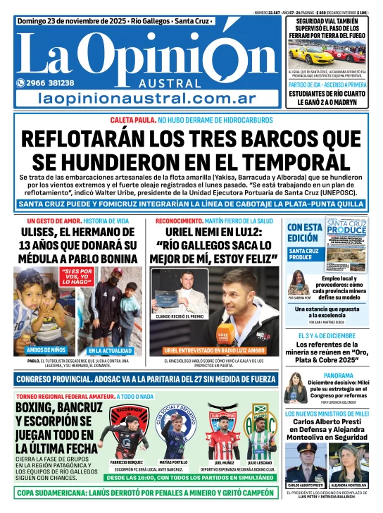 Tapa del Diario La Opinión Austral edición impresa del domingo 23 de ...