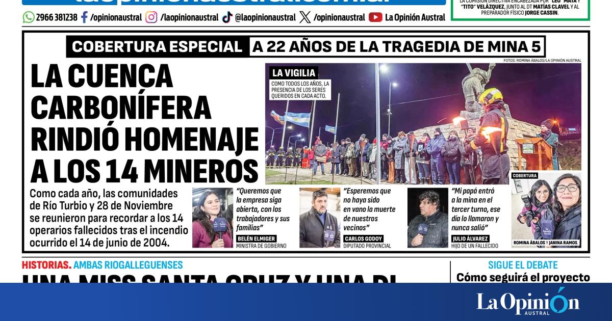 Tapa del Diario La Opinión Austral del domingo 14 de junio de 2026, Río ...