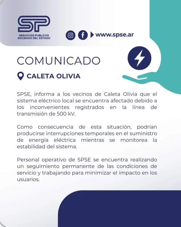 Caleta Olivia: SPSE informó fallas en una línea de alta tensión | La ...